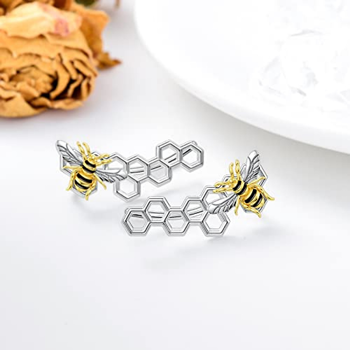 PELOVNY 925 Sterling Silver Bee Earrings Honeycomb Bee Ear Climbers Earrings Jewelry Gifts for Women