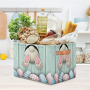UOYO Easter Eggs Basket Bunny Tail Rabbit Wooden Large Storage Basket Bin With Handles Fabric Toys Box Collapsible Closet Shelf Blanket Organizer Basket Decorative for Nursery Bedroom Kids Room