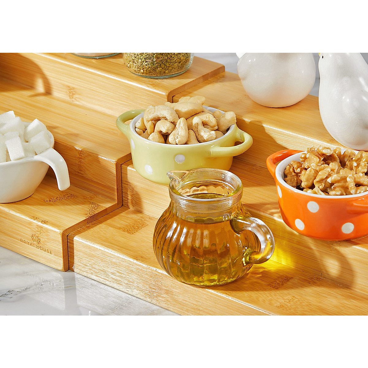 RoyalHouse Bamboo Expandable Spice Rack Organizer 3-Tier Kitchen Cabinet Space Space Saver Countertop Display Shelf