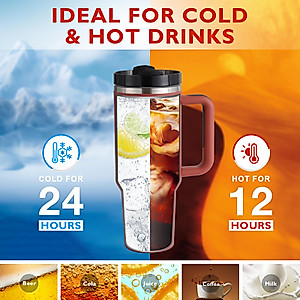 Ochapa 40 oz Tumbler with Handle Straw Lid Insulated Stainless Steel Vacuum Reusable Keep Drinks Cold Coffee Cup Holder Friendly Gifts for Women Men Lover Car Gym Travel, Brown Red