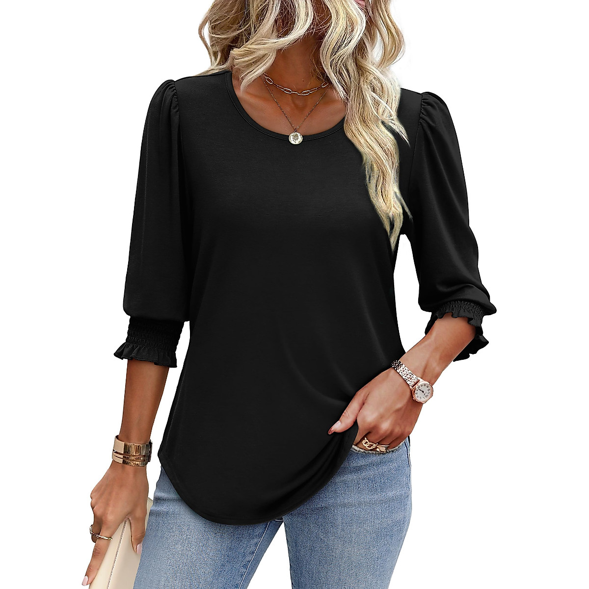 XIEERDUO Womens Tops Dressy Casual 3/4 Sleeve T Shirts for Women Black Tops for Women L