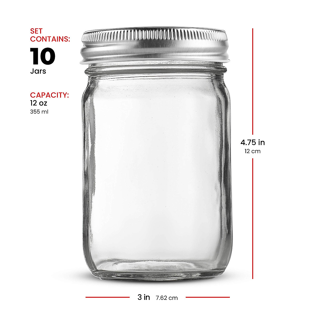 Glass Regular Mouth Mason Jars, Glass Jars with Silver Metal Airtight Lids for Meal Prep, Food Storage, Canning, Drinking, Overnight Oats, Jelly, Dry Food, Spices, Salads, Yogurt (10 Pack) (12 Ounce)