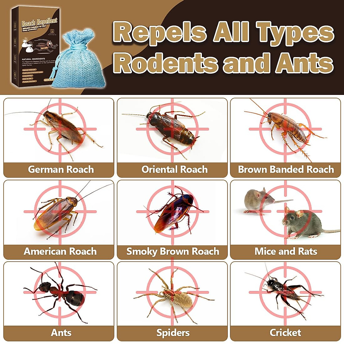 10 Pack Roach Repellent for Indoor Home, Natural Peppermint and Citronella Formula Cockroach Away Solution, Roach Deterrent for House Kitchen Pest Control