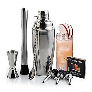 24 Oz Cocktail Shaker Set with Premium Drink Mixer Accessories: Drink Shaker with Strainer, Jigger, Twisted Bar Spoon, Muddler, Liquor Pourers - Professional Martini Bartender Cocktail Kit - Cresimo