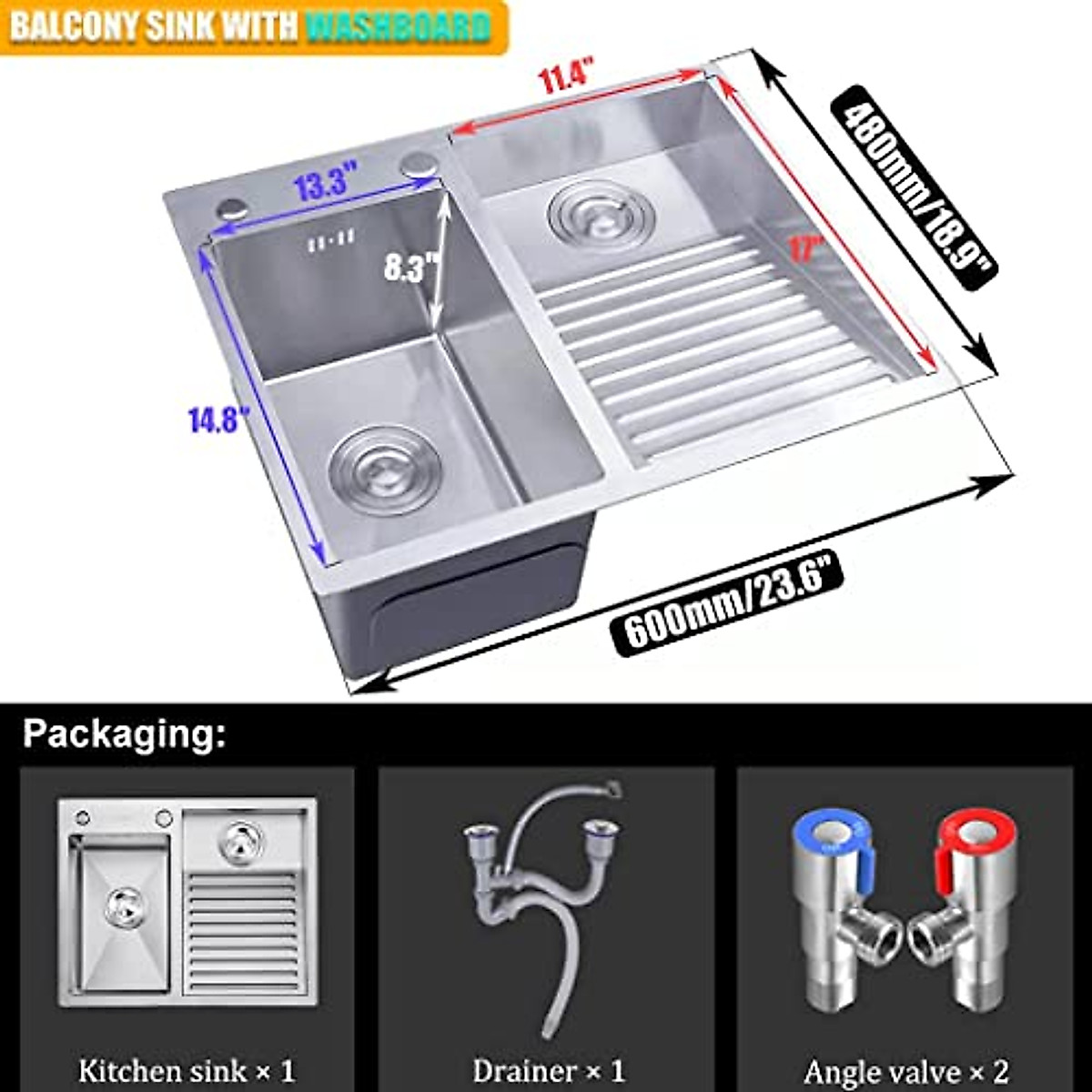 Bathroom Sinks Laundry Pool Balcony Household Stainless Steel Laundry Sink Wash Basin With Washboard Easy To Clean Double Sink Laundry Pool Gift ( Color : B , Size : 60*48*22cm )
