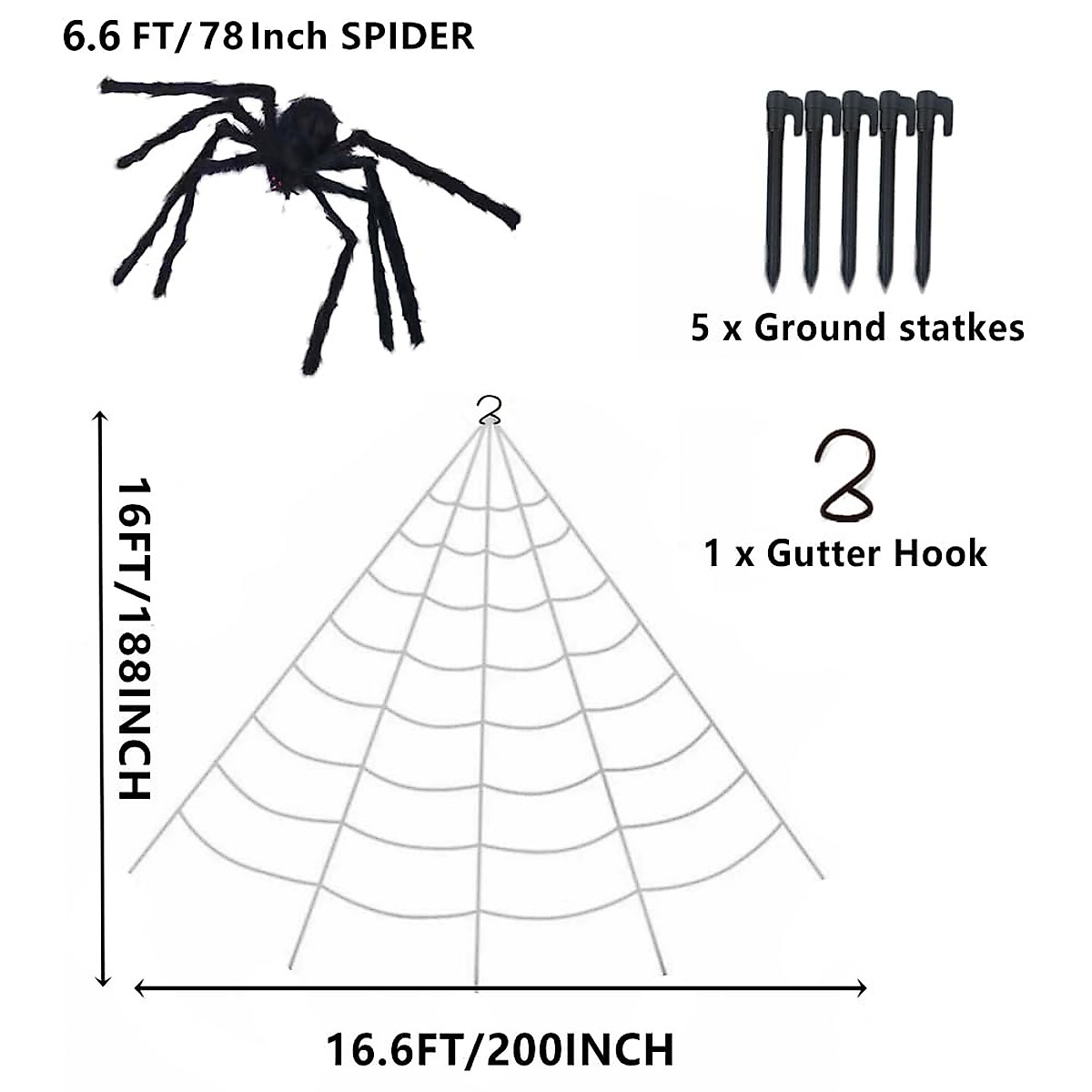 AOGU 200" Halloween Spider Web + 78" Giant Spider Decorations Fake Spider with Triangular Huge Spider Web for Indoor Outdoor Garden Yard Home Party Haunted House Decor
