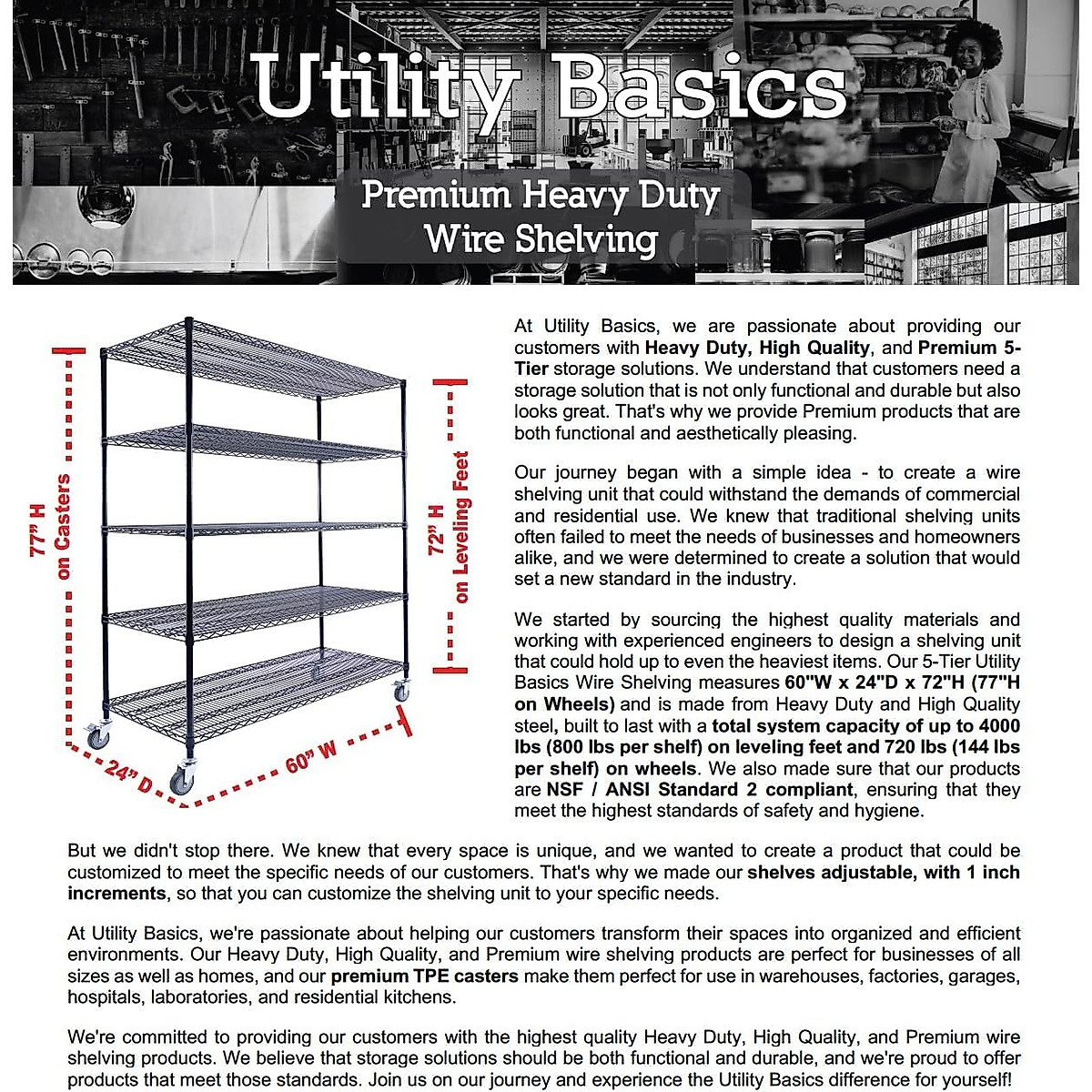 Utility Basics 60" x 24" x 72" Black 5-Tier Wire Shelving NSF 4000 LBS Max Capacity Heavy Duty Steel Storage Rack for Warehouses, Garages, Hospitals, Kitchens, and Commercial Spaces w/Premium Wheels