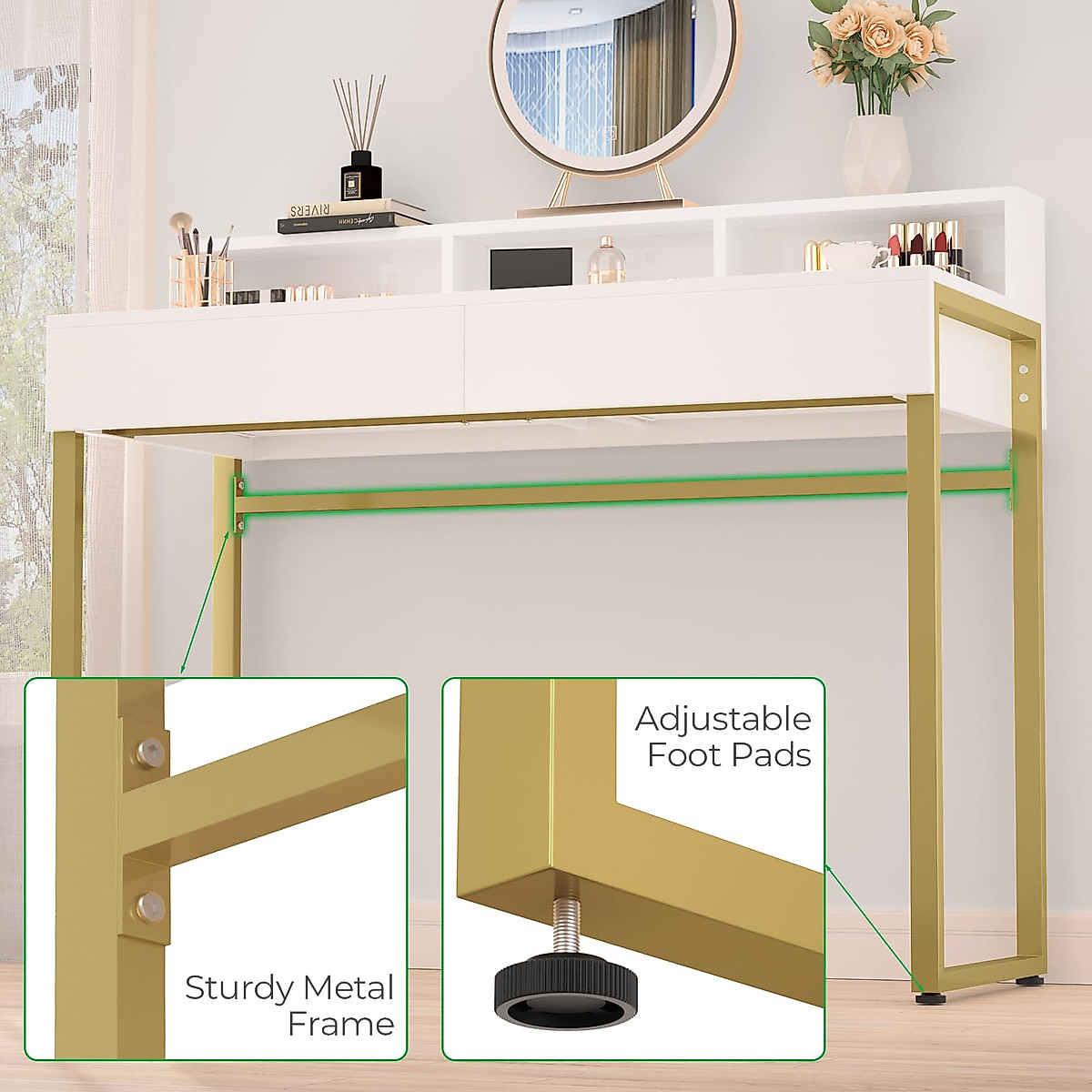 GreenForest Vanity Desk with 2 Drawers, White Makeup Desk with 3 Storage Spaces, 40 inch Small Desk with Gold Metal Legs, Modern Home Office Desk for Kids, Bedroom (No Mirror)