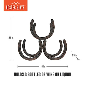 Foster & Rye Horseshoe Countertop Metal Wine Rack, Cast Iron Wine Bottle Holder, Holds 3 Standard Wine Bottles, 10" x 5.5" x 8.5"