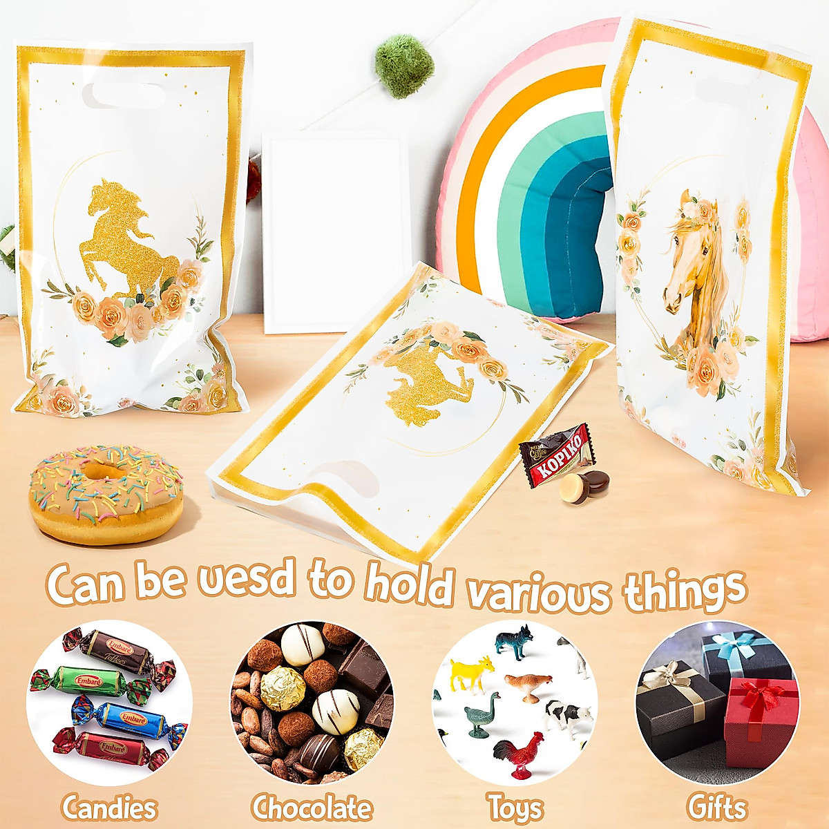 50Pcs Horse Party Favor Bags Gold Cowgirl Horse Party Bags Western Girl Sweet Goody Candy Treat Bags Horse Theme Party Decorations Plastic Gift Bag Birthday Snack Bag for Kids Birthday Party Supplies
