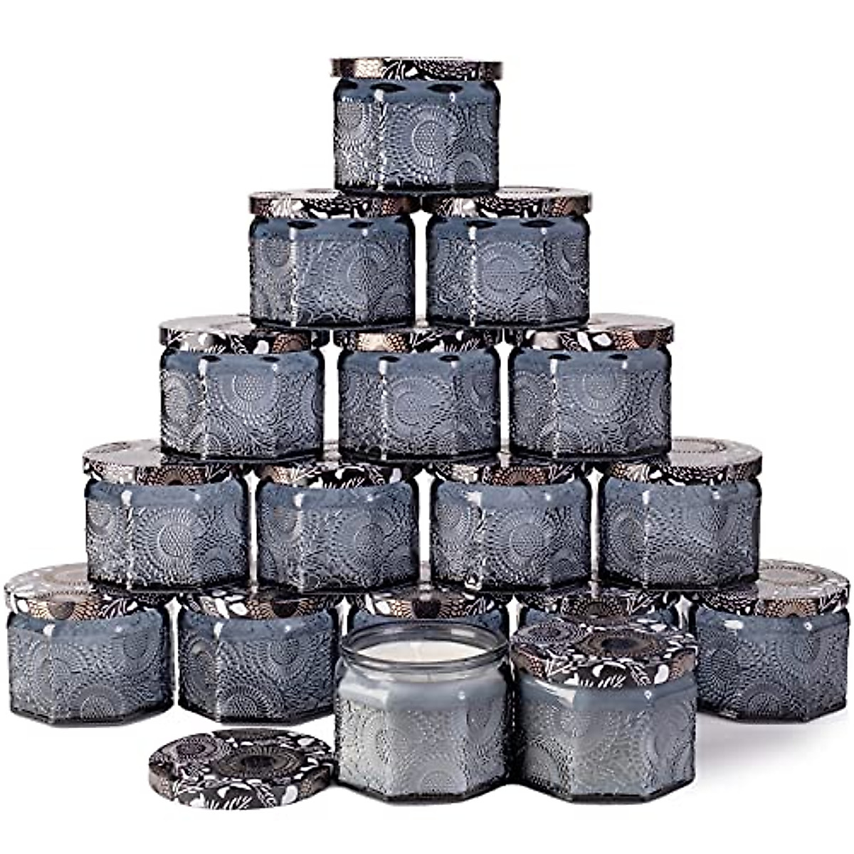 Art Secret 4oz Embossed Glass Candle Container with Tin Lid and Labels (Gray, Octagon)