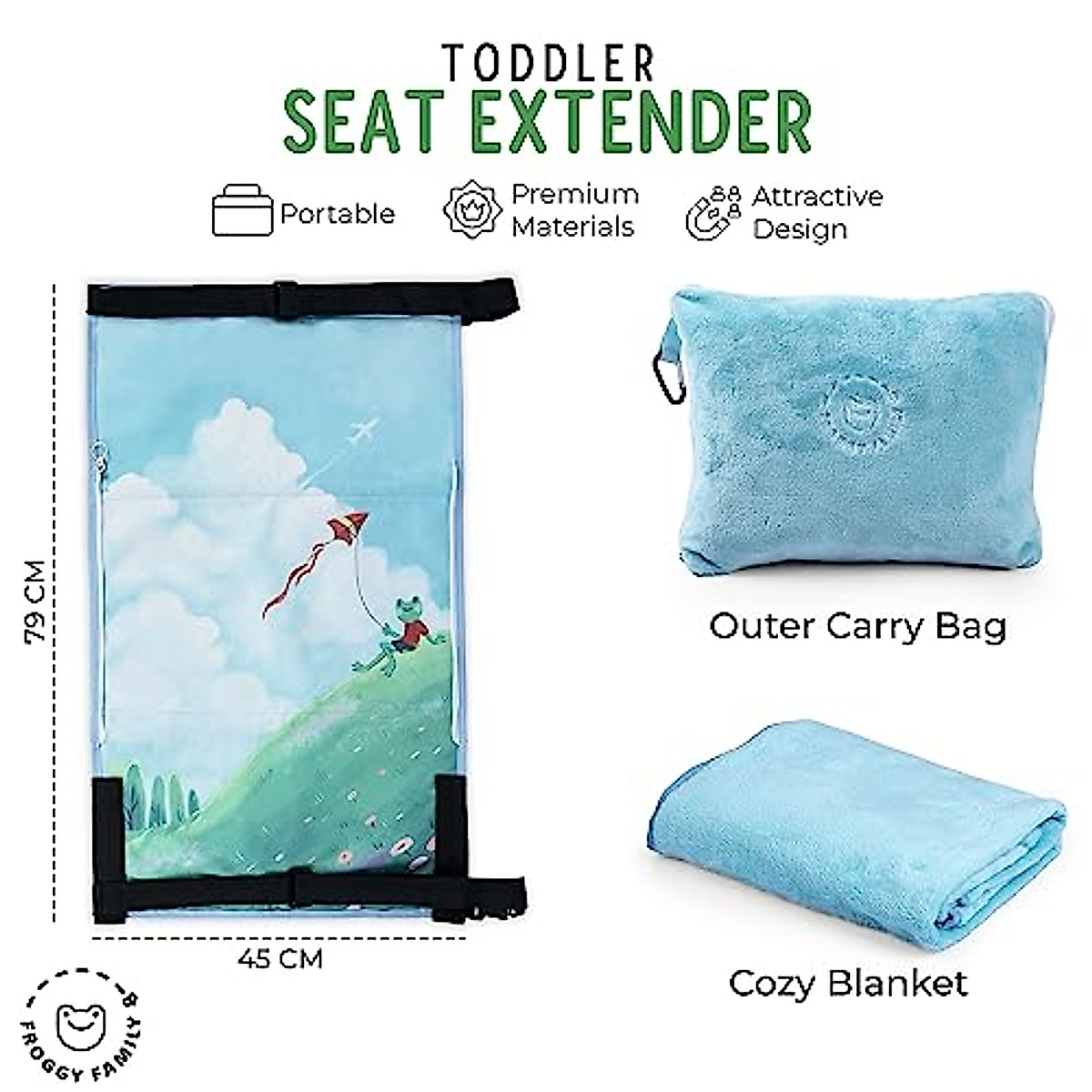 Froggy Family Airplane Seat Extender for Kids - Travel Bed for Baby with Built-in Sleeping Bag Function - Durable and Comfortable Airplane Bed for Toddler - Kids Travel Essentials for Flying Blue