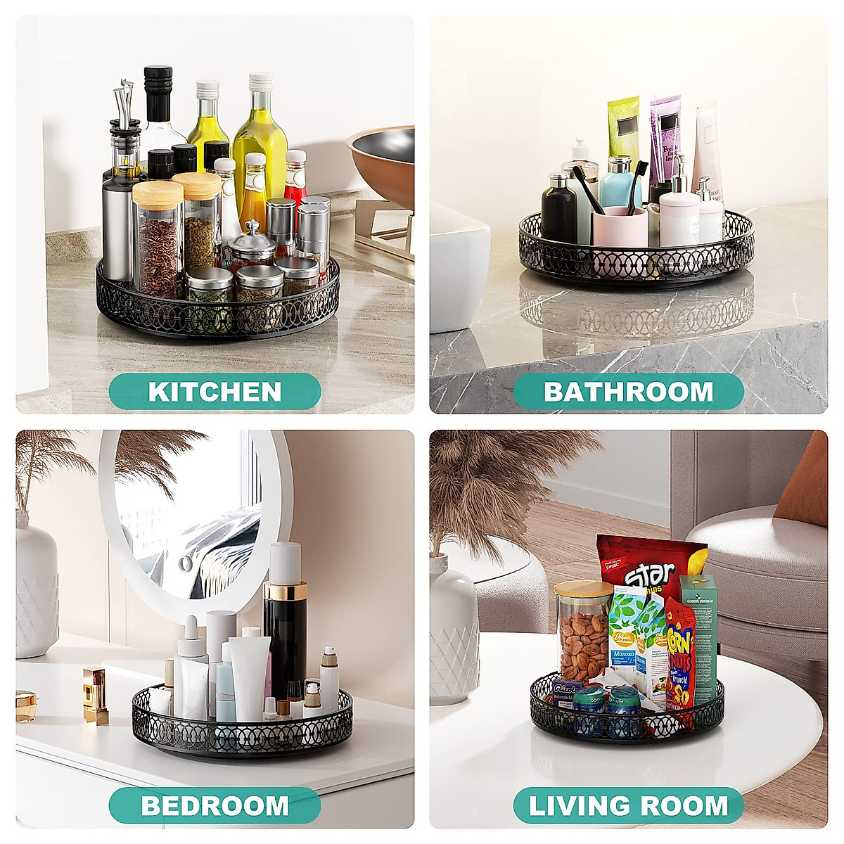 PHINOX Lazy Susan Organizer, 12 Inch Lazy Susan Turntable for Cabinet Table, Turntable Organizer Lazy Susan Spice Rack with Non-Slip Pad, Large Lazy Susan for Kitchen Bathroom Pantry Vanity (Metal)