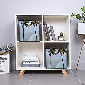 Rainbow Palm Trees PU Leather Collapsible Storage Bins Canvas Cube Organizer Basket with Handles