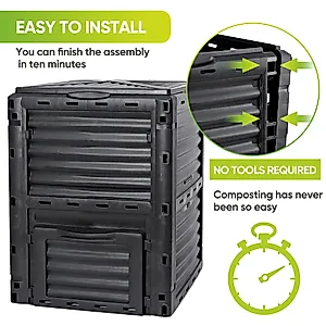HomGarden 80 Gallon (300 L) Compost Bin from BPA Free Material, Easy Assemble Lightweight & Large Capacity, Outdoor Garden Compost Box, Fast Creation of Fertile Soil, Black