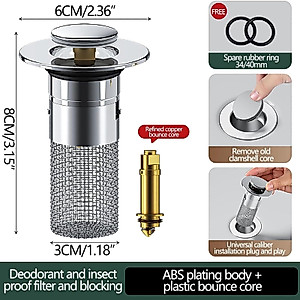 2Pcs Bathroom Sink Drain Strainer,Bathroom Sink Stopper Hair Catcher Pop Up Sink Drain Filter with Removable Stainless Steel Filter Basket Hair Catcher for Kitchen, Bathtub,Sink,Floor Drain