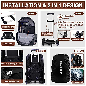 Voici et Voila Backpack with Wheels, Galaxy Trolley Schoolbag Kids Rolling Backpack with Lunch Box and Pencil Case Rolling Trolley Book Bag for Kids Boys