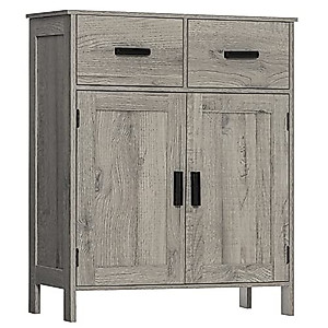 Quimoo Storage Cabinet, Bathroom Floor Cabinet with 2 Drawers & Adjustable Shelves, Bathroom Storage Cabinet with 2 Doors for Living Room, Bedroom, Home Office, Grey