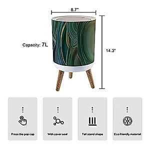 Small Trash Can with Lid Agate Marble Fluid Abstract Gold Stripe Texture Green Marble Agate 7 Liter Round Garbage Can Elasticity Press Cover Lid Wastebasket for Kitchen Bathroom Office 1.8 Gallon