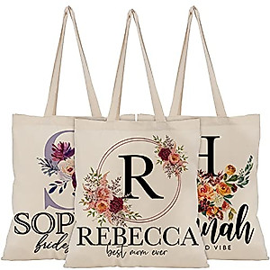 Wedding Canvas Bag Gift for Bridesmaid - Personalized Floral Tote Bags w/Name Text - 8 Designs - Customized Initial Shoulder Bag - Custom Bridal Shower Party Bachelorette Party Gift for Women Girls C1