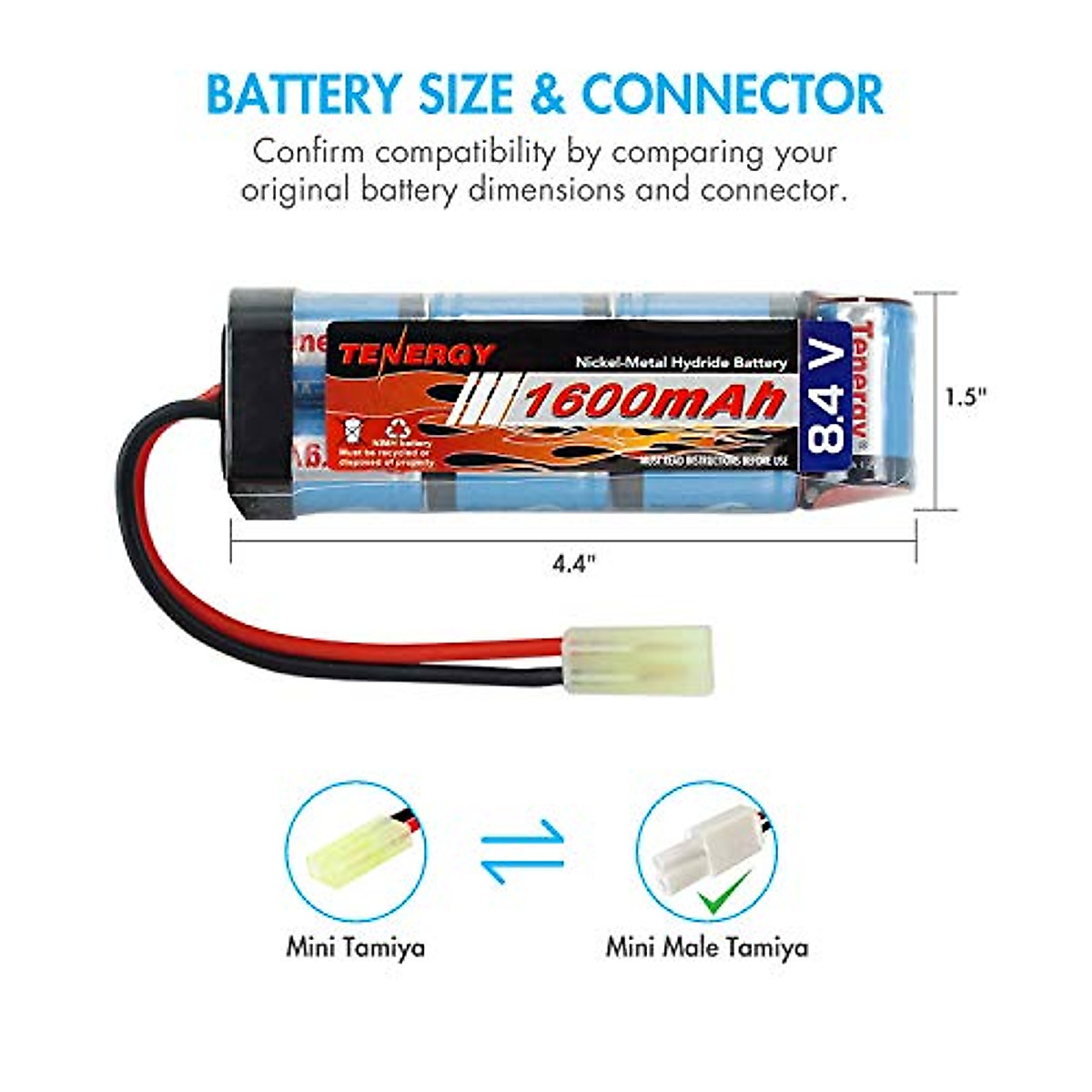 Tenergy Airsoft Battery 8.4V NiMH Flat Battery Pack w/Mini Tamiya Connector High Capacity 1600mAh Battery for Airsoft Guns MP5, Scar, M249, M240B, M60, G36, M14, RPK, PKM