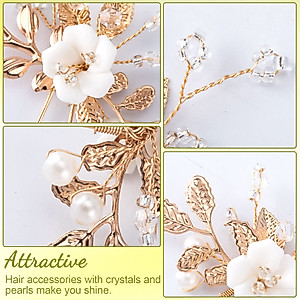 ANCIRS 4 Pack Crystal Flower Bridal Hair Styling Pins for Wedding, Anti-Slip Ceramic Leaves Shape Rhinestone Pearls Head Piece Accessories for Women Bride Wedding Hairstyles- Gold