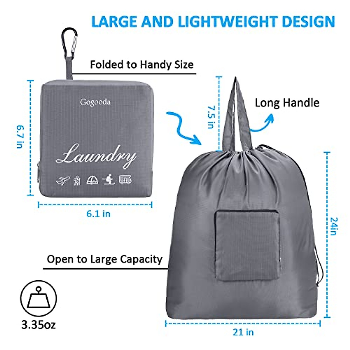 GOGOODA Travel Laundry Bags with Drawstring Closure XL Large Foldable Dirty Clothes bags with Handle Heavy Duty and Washable for College Dorm Travelling Camping, 2 Pack, Grey