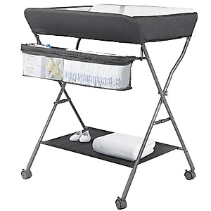 Baby Changing Table with Wheels, Maydolly Portable Adjustable Height Folding Diaper Station with Nursery Organizer & Storage Rack for Newborn Baby and Infant (Dark Grey)