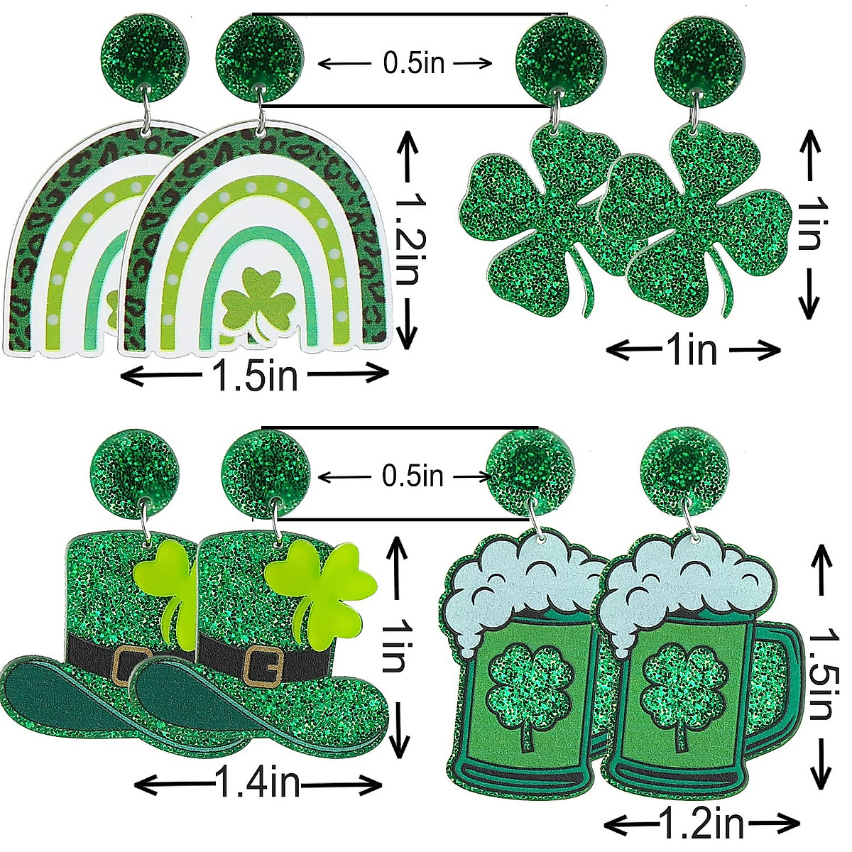 4 Pairs St. Patrick's Day Earrings Green Shamrock Clover Earrings Irish Hat Shamrock Stud Earrings Lightweight St. Patrick's Day Jewelry Lucky Earring Studs St. Patrick's Day Acrylic Earrings