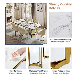 POVISON Marble Dining Table for 6, Modern Dining Room Table 71" for Kitchen & Dining Room, Luxury White Marble Table Top with Gold Trestle Pedestal(Dining Table Only)