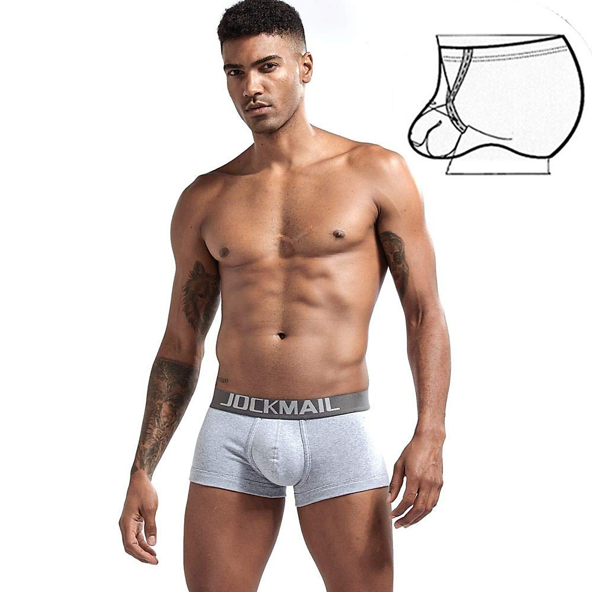 JOCKMAIL Cotton Men Boxer U Convex Pouch Adjustable Size Ring Cock Straps Men trunk Shorts (XXL, Gray)
