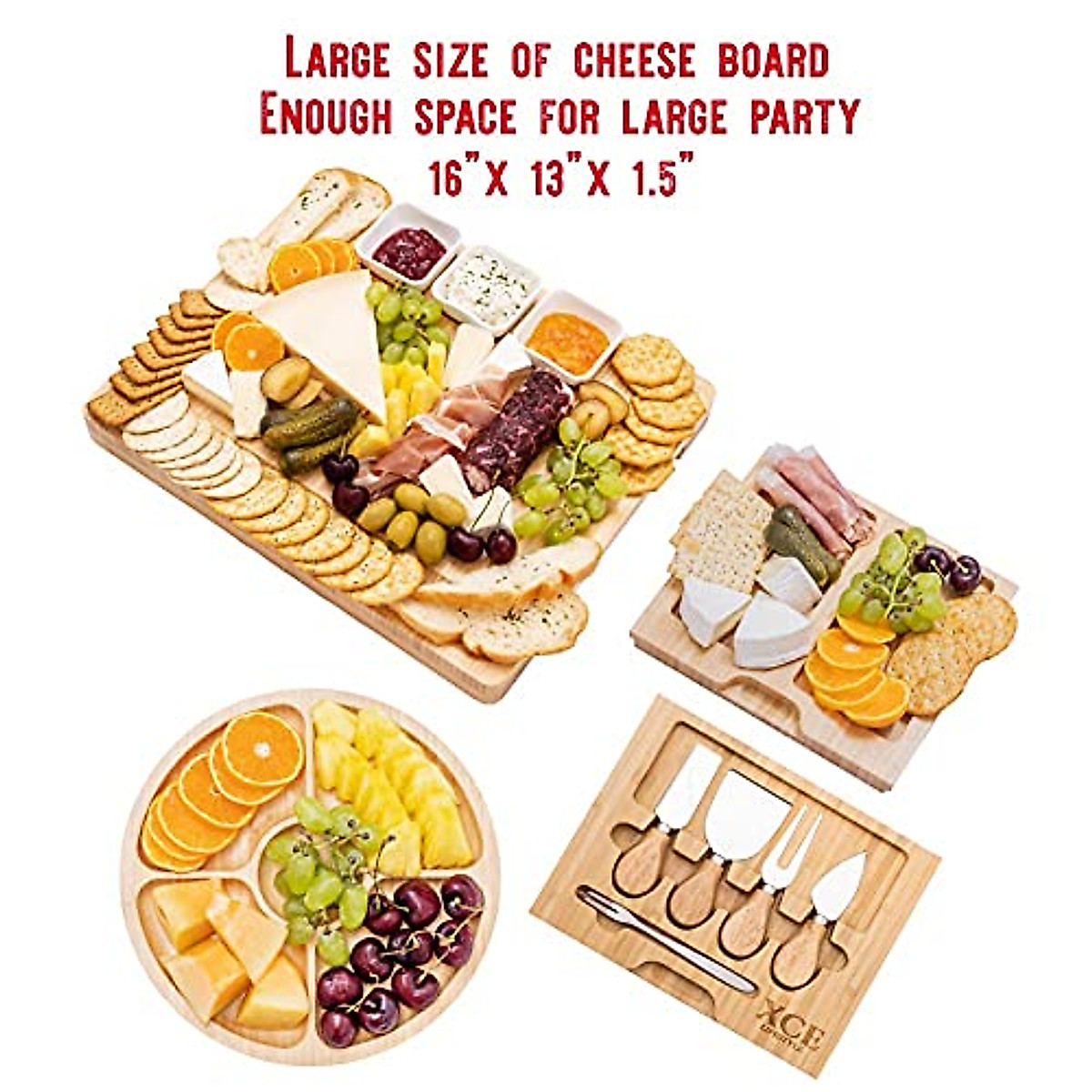 XcE Bamboo Cheese Board and Charcuterie Board with Knife Set, 16 x 13 x 1.5 inch, Include Extra Round Fruit Plate - Gift for Men, Women, Mother, Housewarming