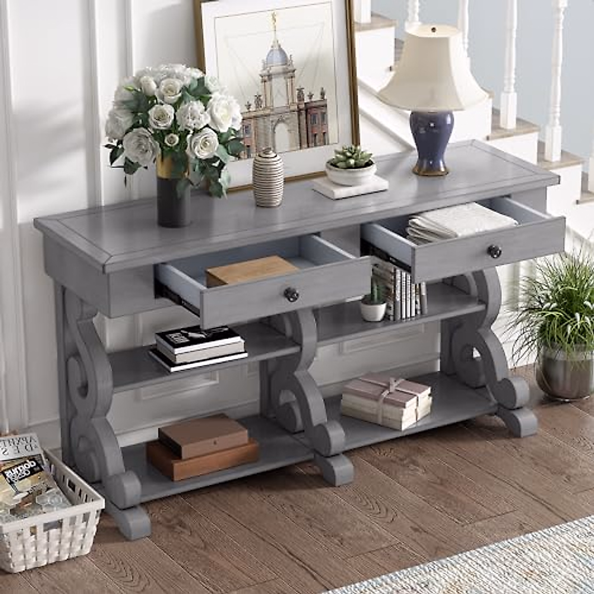 Brabrety Rustic Console Table Sideboard with Ample Storage, Open Shelves and Drawers,for Entrance Dinning Room Living Room (Antique Gray@Storage)