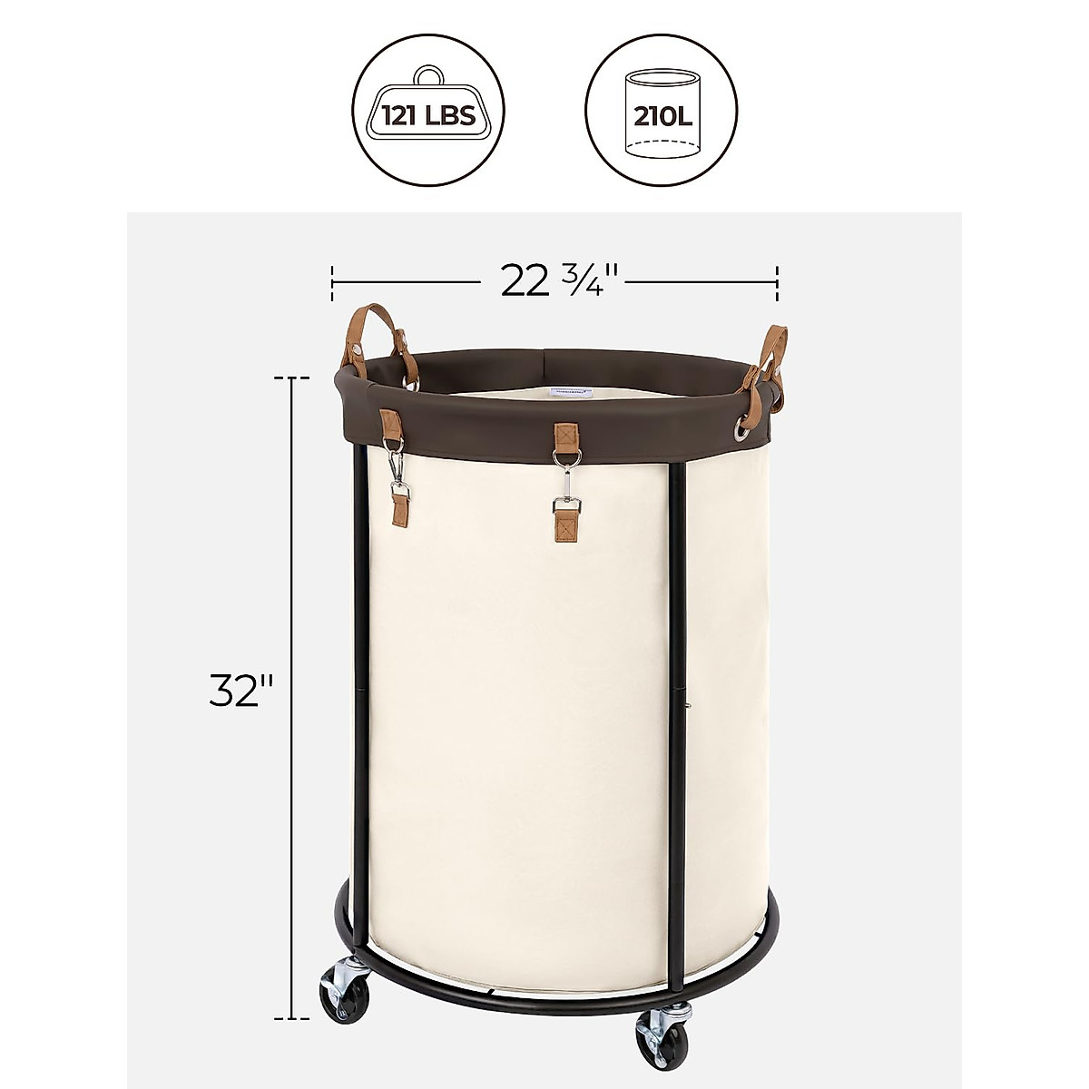 StorageWorks Laundry Basket with Wheels, 210L Extra Large Rolling Laundry Hamper, Round Laundry Cart with Steel Frame and Removable Bag, 4 Casters and 2 Brakes, Beige, 1-Pack