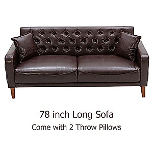 Aoowow Faux Leather Sofas and Couches 78 Inches Long, Mid Century Modern Couch Tufted Back Sofa with 2 Throw Pillows, Armrest and Wooden Legs for Living Room, Apartment, Bedroom (Brown)