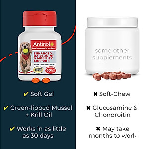 Antinol Plus, Mobility, Hip, and Joint Supplement for Dogs, Green-Lipped Mussels and Krill Oil - Dog Joint Supplement, Better and Faster Than Glucosamine and Chondroitin, 120 Soft Gels