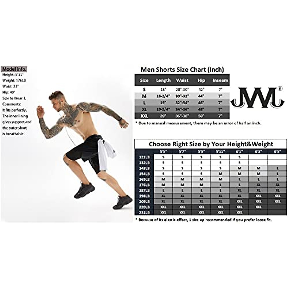 JWJ Men's 2 in 1 Workout Running Shorts 7 Inch Lightweight Athletic Gym Shorts with Compression Liner Black M