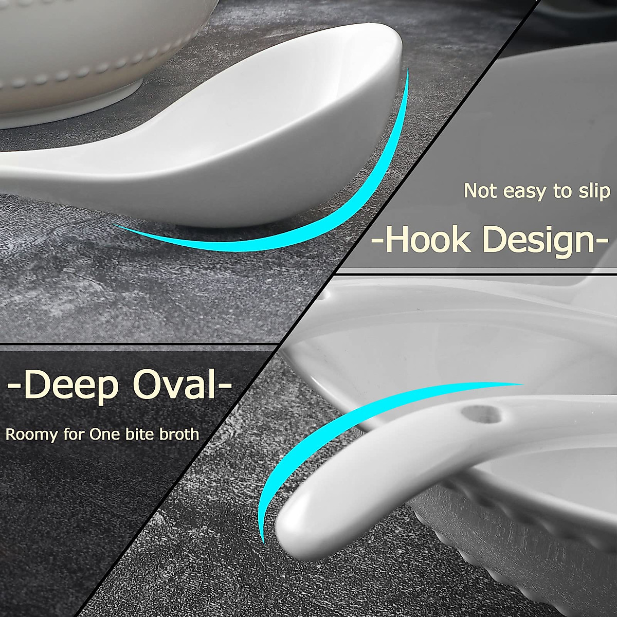 Artena Soup Ladle Set Of 2, 10.5 Inch White Ceramic Ladle Spoon, Ladles For Serving, Big Soup Spoons, Asian Soup Spoons, Chinese Soup Spoons, Long Handle Spoon, Deep Oval Hook Design, Dishwasher Safe