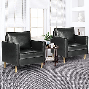 STHOUYN Black Faux Leather Accent Chairs Set of 2 Small Living Room Bedroom Chairs, Comfy Reading Chair Single Sofa for Adults, Suitable Small Spaces Office Couch, Easy Assembly