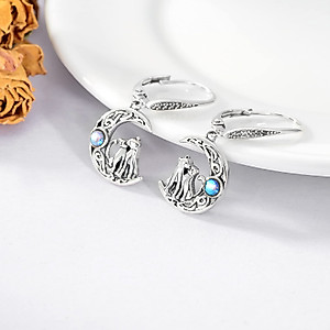 YAFEINI Cats Dangle Earrings Sterling Silver Crescent Moon and Moonstone Drop Earrings Jewerly Gifts for Cats Lovers Women (Cats Dangle Earrings)
