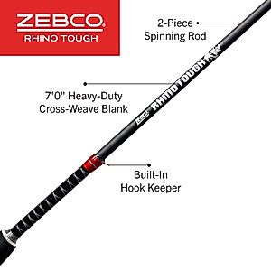 Zebco Rhino Tough Spinning Fishing Rod, 7-Foot 2-Piece Heavy-Duty Cross-Weave Fishing Pole, Comfortable EVA Rod Handle, Heavy-Duty Guides, Stainless Steel D-Frame Tip Guide, Medium Power, Black