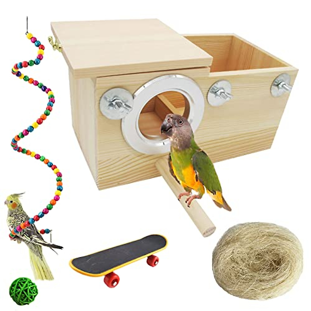 kathson Parrot Nest Breeding Box, Wood Bird Nest for Cage, Parakeet Nesting Box with Perches Pet House Natural Coconut Fiber Bird Toys for Parakeet Cockatoo Budgie Cockatiel Lovebirds (Large)