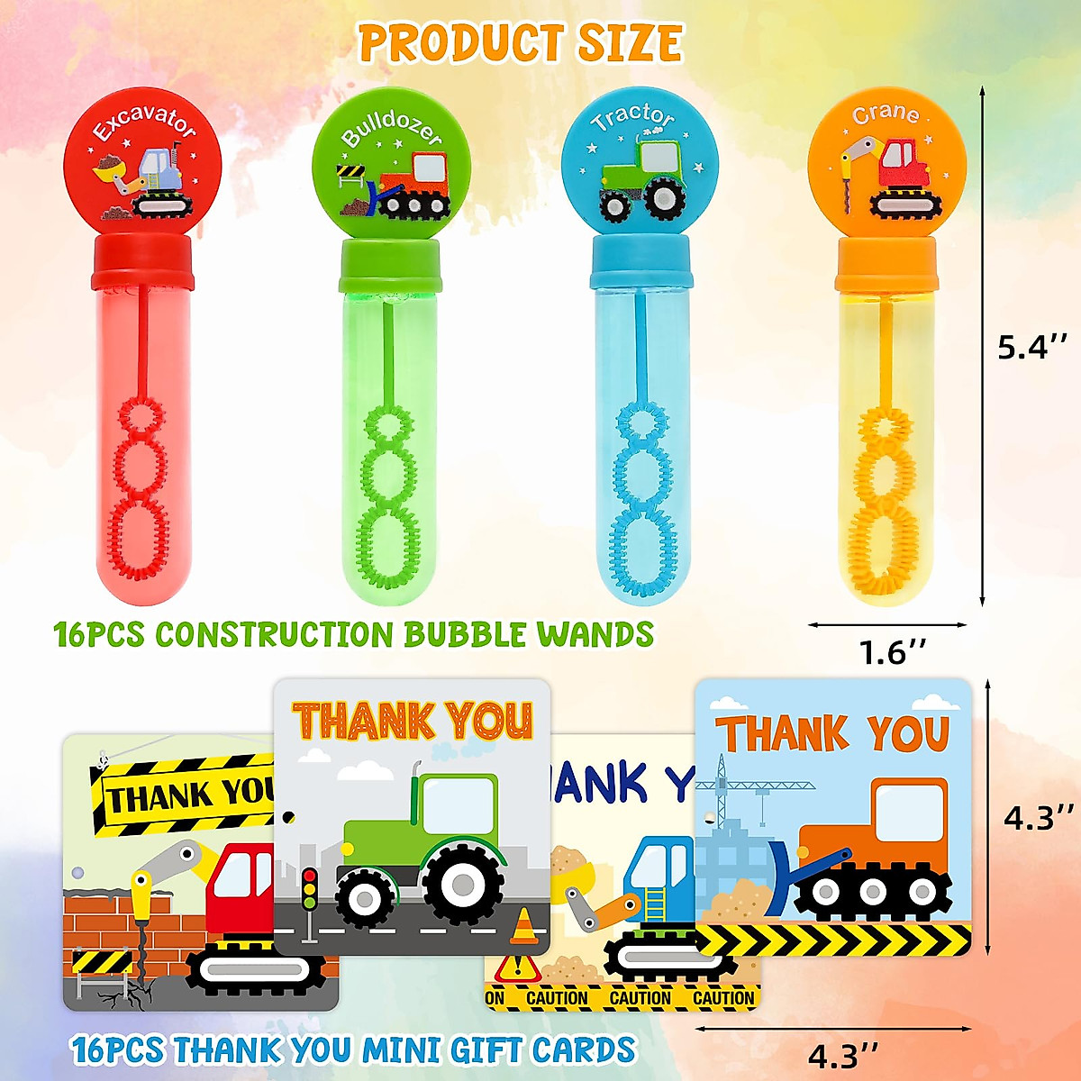 Construction Bubbles for Kids 16 Pack Wand Bubble with Thank You Cards Classroom Prizes Wedding Goodie Bag Stuffer Construction Birthday Party Supplies