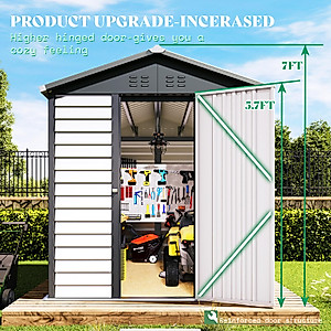 AMERLIFE 6.4x9x7 FT Outdoor Storage Shed, Blinds Design Metal Shed with Clear Window Lockable Hinged Door, Outdoor Shed for Backyard, Garden, Patio, Dark Grey/White