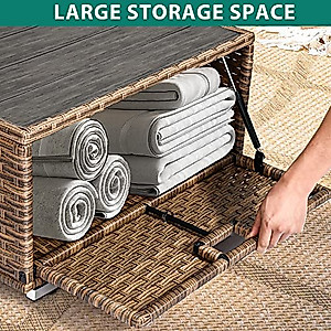 YITAHOME Patio Wicker Sofa Daybed Furniture Set with Retractable Canopy, Storable Side Table Outdoor Lounger with Soft Cushions for Backyard Porch (Light Brown + Beige)