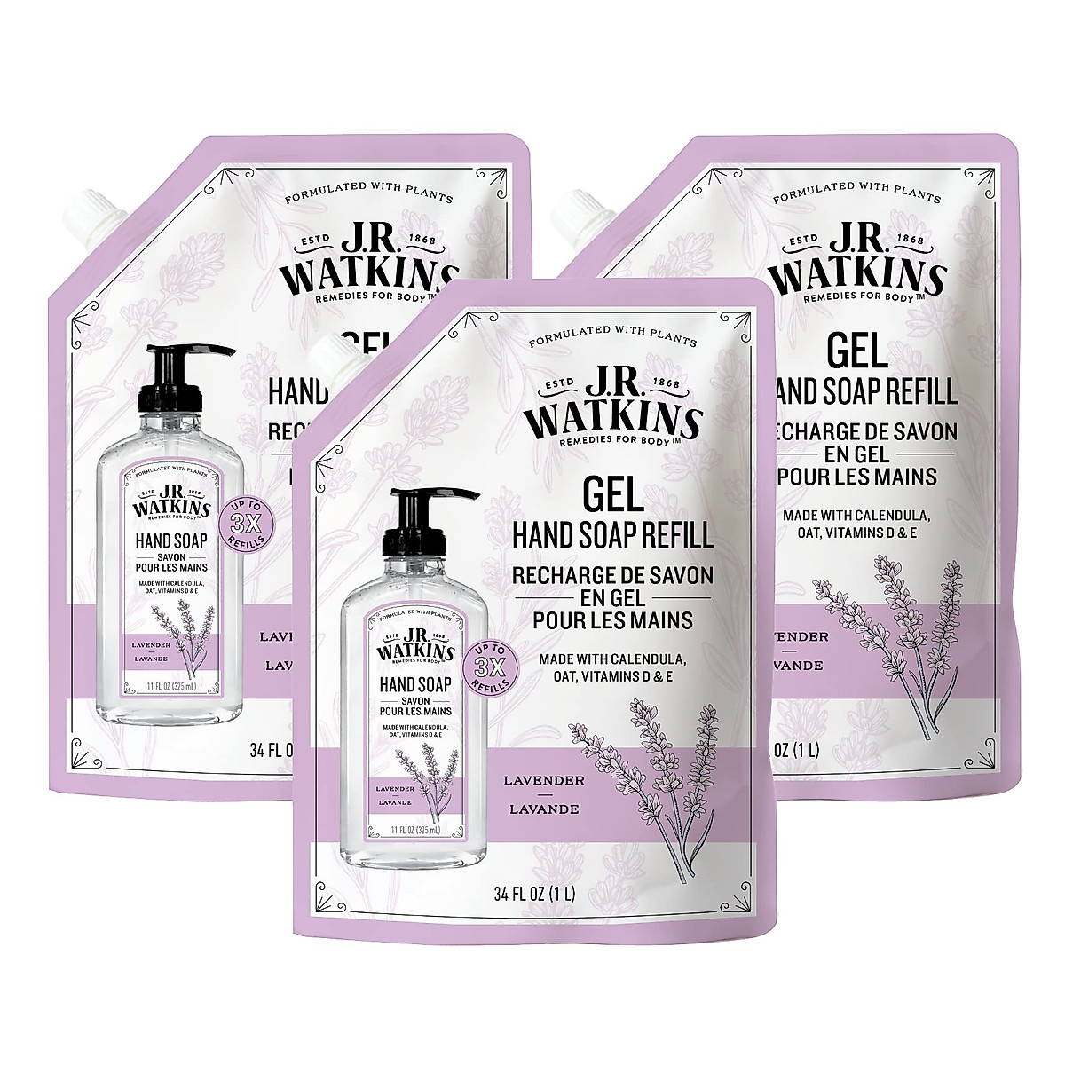 J.R. Watkins Gel Hand Soap Refill, Moisturizing Hand Wash, All Natural, Alcohol-Free, Cruelty-Free, USA Made, Lavender, 34 Fl Oz (Pack of 3)