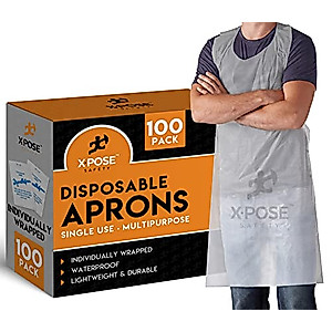 Xpose Safety 100 White Plastic Disposable Aprons For Cooking, Painting and More - Individually Packaged - Durable 1 mil Waterproof Polyethylene - 24" x 48"