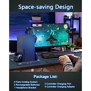 Lictin Cooling Fan Charging Station for Xbox Series X Console & Controller, Upgraded 4 Cooler Fan System Stand, Vertical Dual Charger Station Dock Accessories with 2 x 1400mAh Rechargeable Battery