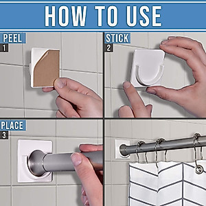 Adherion Adhesive Shower Curtain Rod Holder | Rod Retainer | Bathroom Tension Rod Wall Mount Brackets | No Drilling | Stick On | 3M Adhesive | White | 2 Pack | Shower Curtain Rod not included |