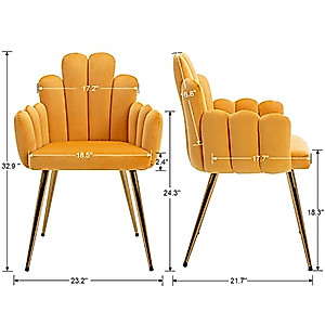 HNY Velvet Accent Chair Set of 4, Finger Shape Upholstered Arm Chair, Mid Century Modern Living Room Dining Makeup Vanity Chairs, with Gold Metal Legs, Yellow